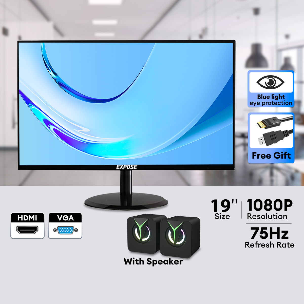 Monitor PC 19 Inch Gaming Monitor 1080P With Speaker PC Monitor 75Hz ...