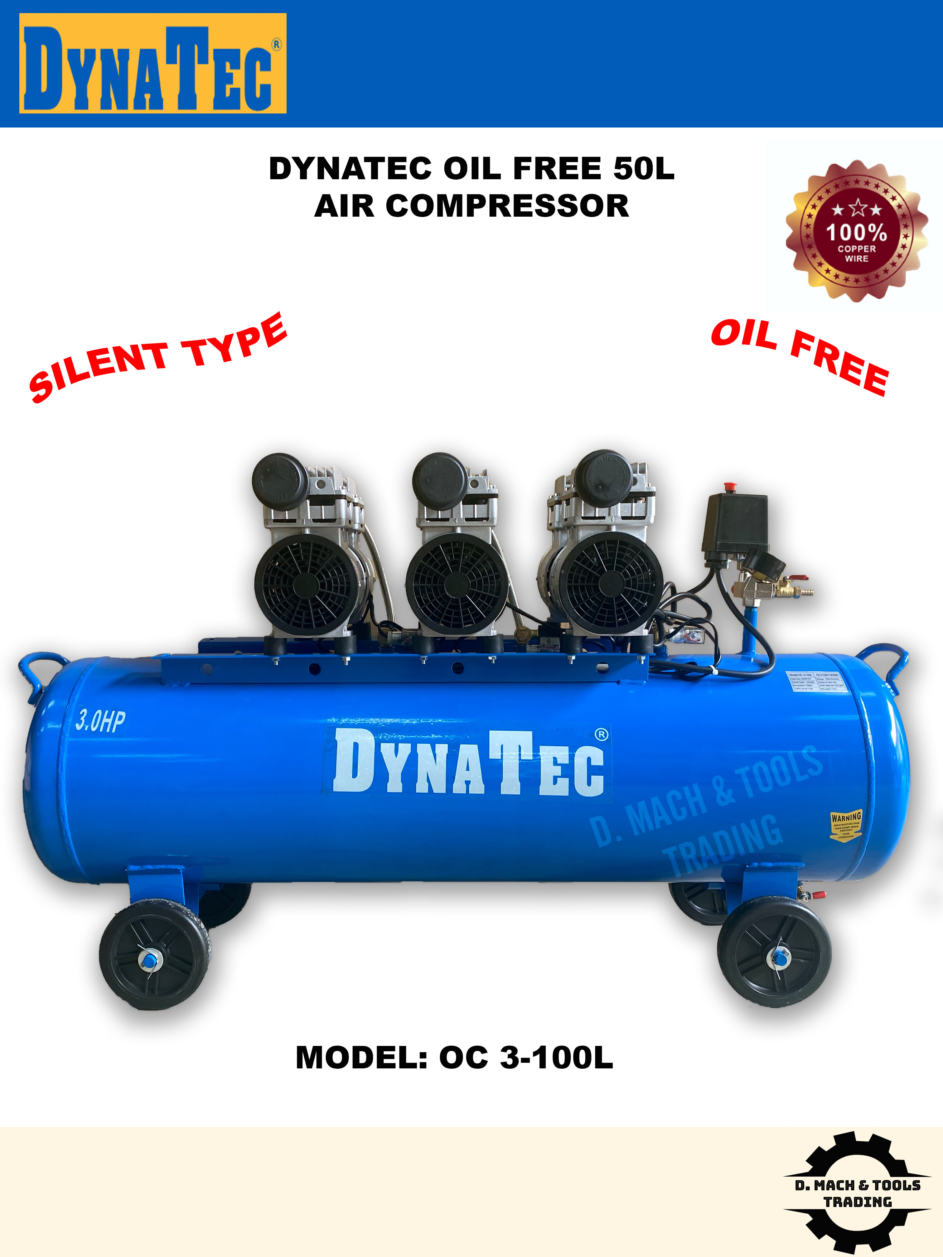 DYNATEC Oil Free Air Compressor ( 100 Litres ) ( 3 Motor ) ( Silent ...