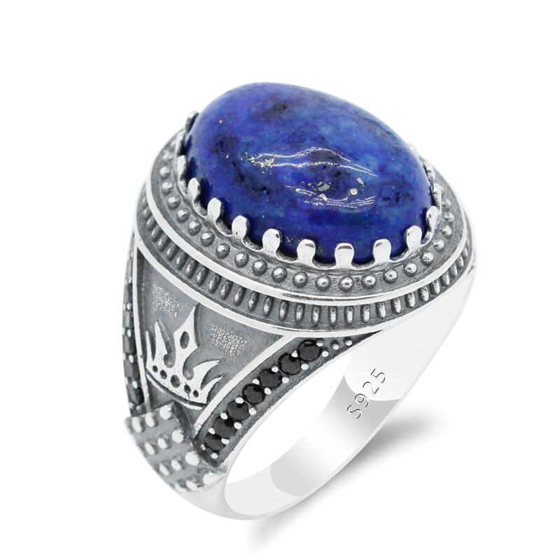 S925 sterling silver men's ring blue natural lapis lazuli crown anchor ...