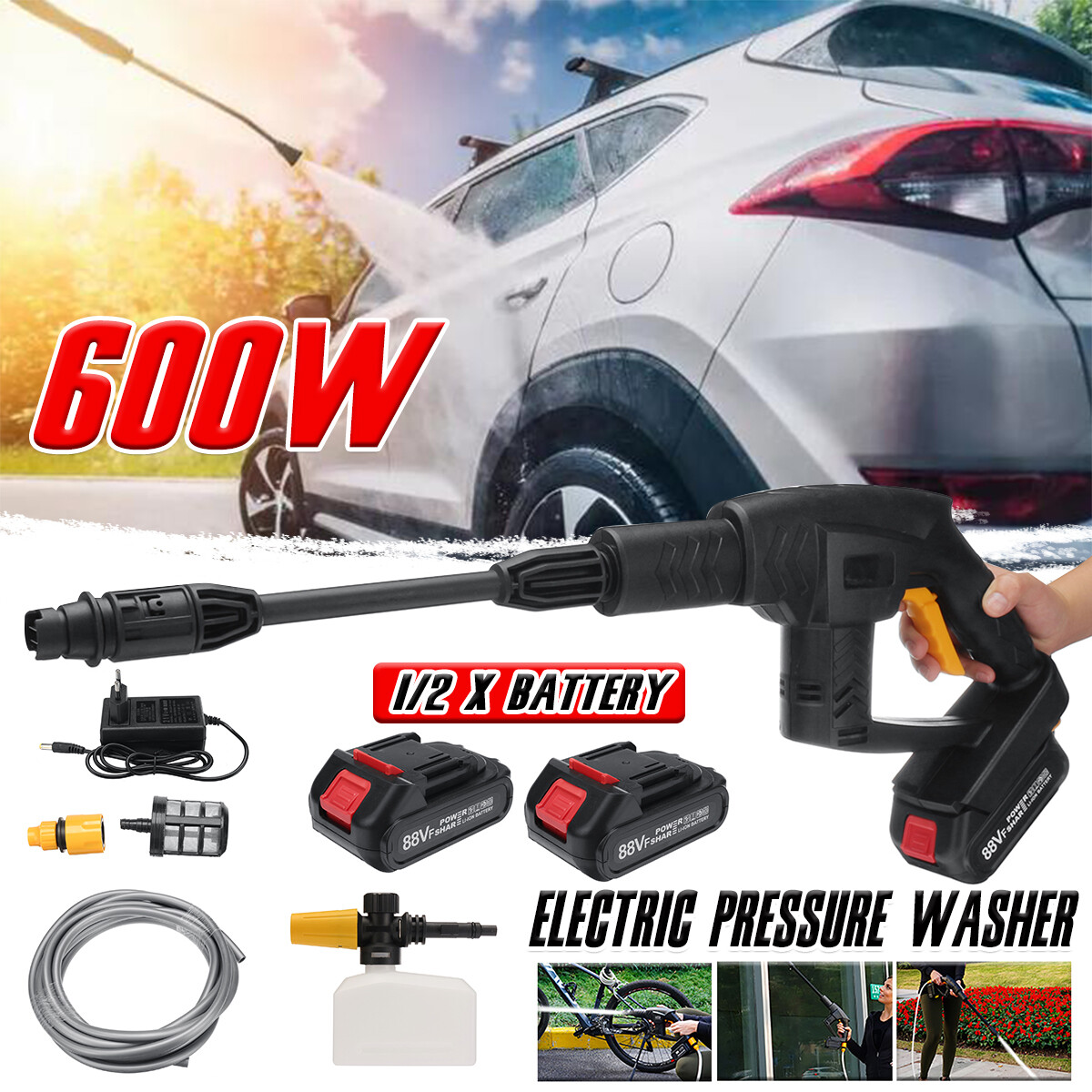 600W Cordless Pressure Washer Car Garden Water Sprayer Water Jet Extra ...