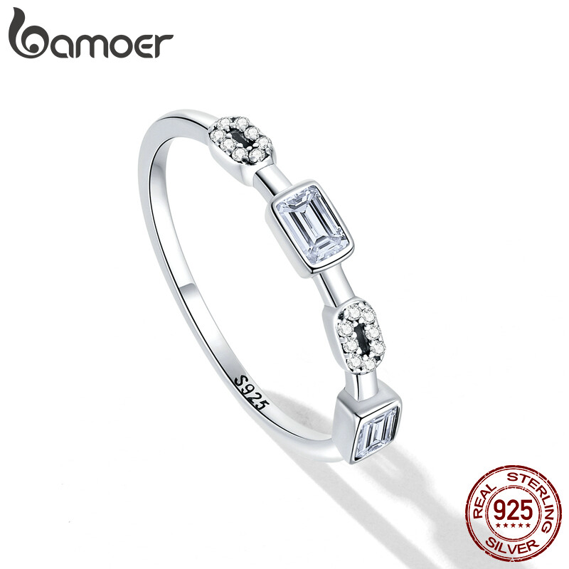 BAMOER 925 Sterling Silver Square Cubic Zirconia Ring for Womwen Fine Jewelry Fashion Geometric ...