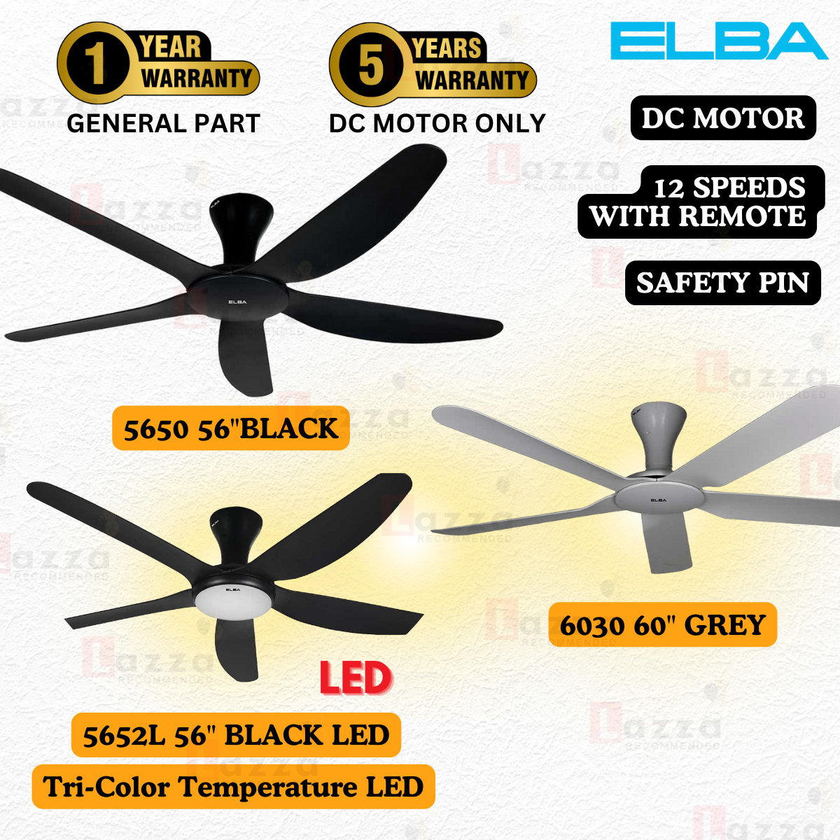 DEKA ELBA DC MOTOR CEILING FAN SYILING 46" 56" 60" 14 Speed Remote LED ...