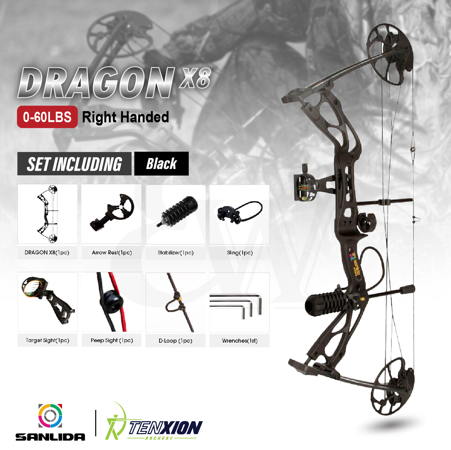 TenXion Archery Sanlida Dragon X8 Compound Bow 0-60LBS Adjustable 310FPS Memanah Busur Kompaun ...