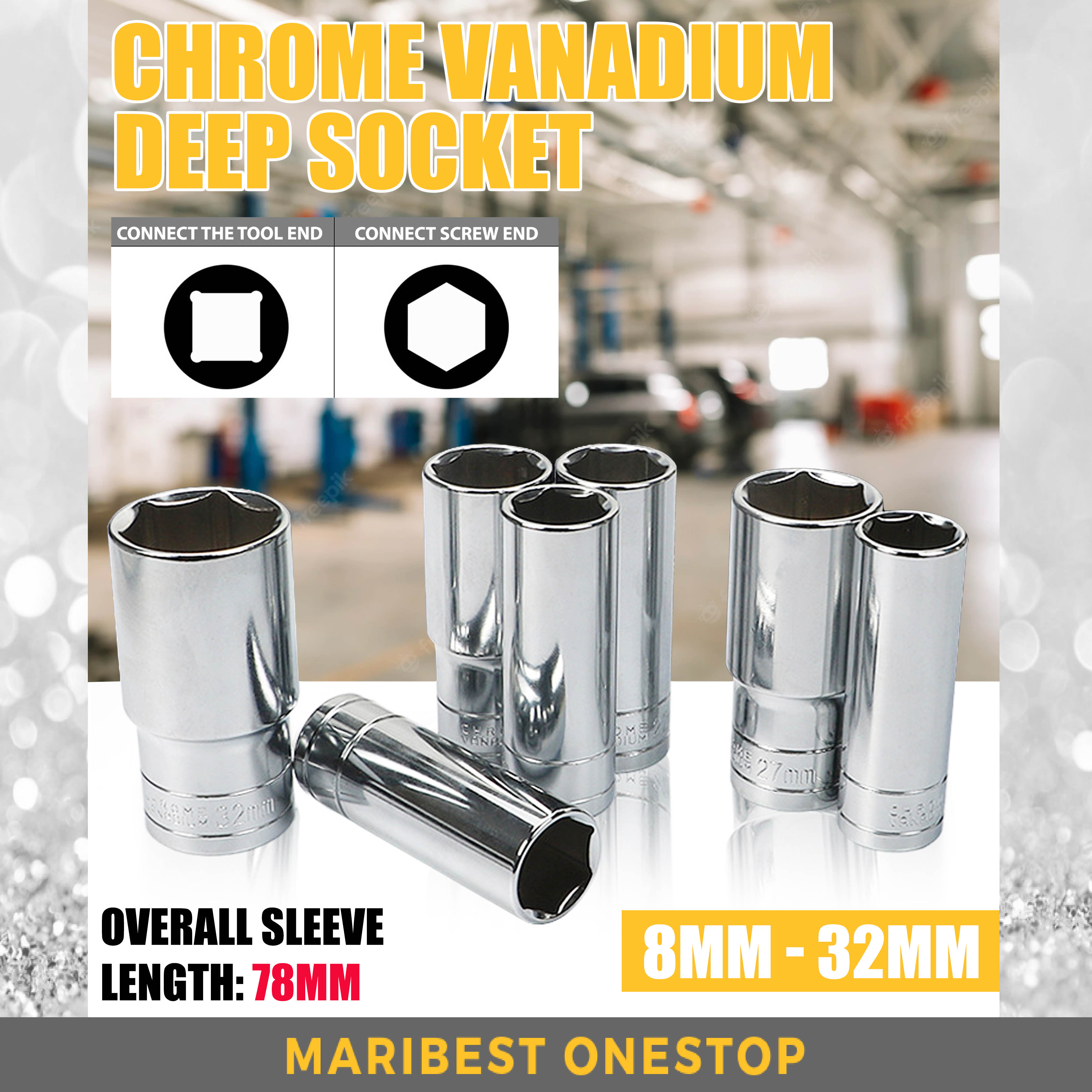 8-32MM Deep Socket Chrome Vanadium Wrench Head Steel 6 Point Long ...