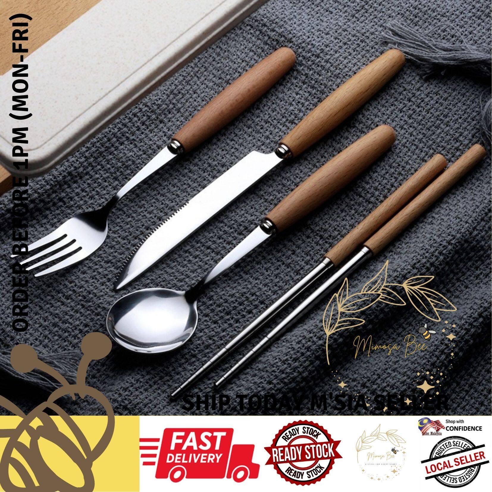4 in 1 Japanese Style Stainless Steel Cutlery Set, Beech Wooden Handle ...