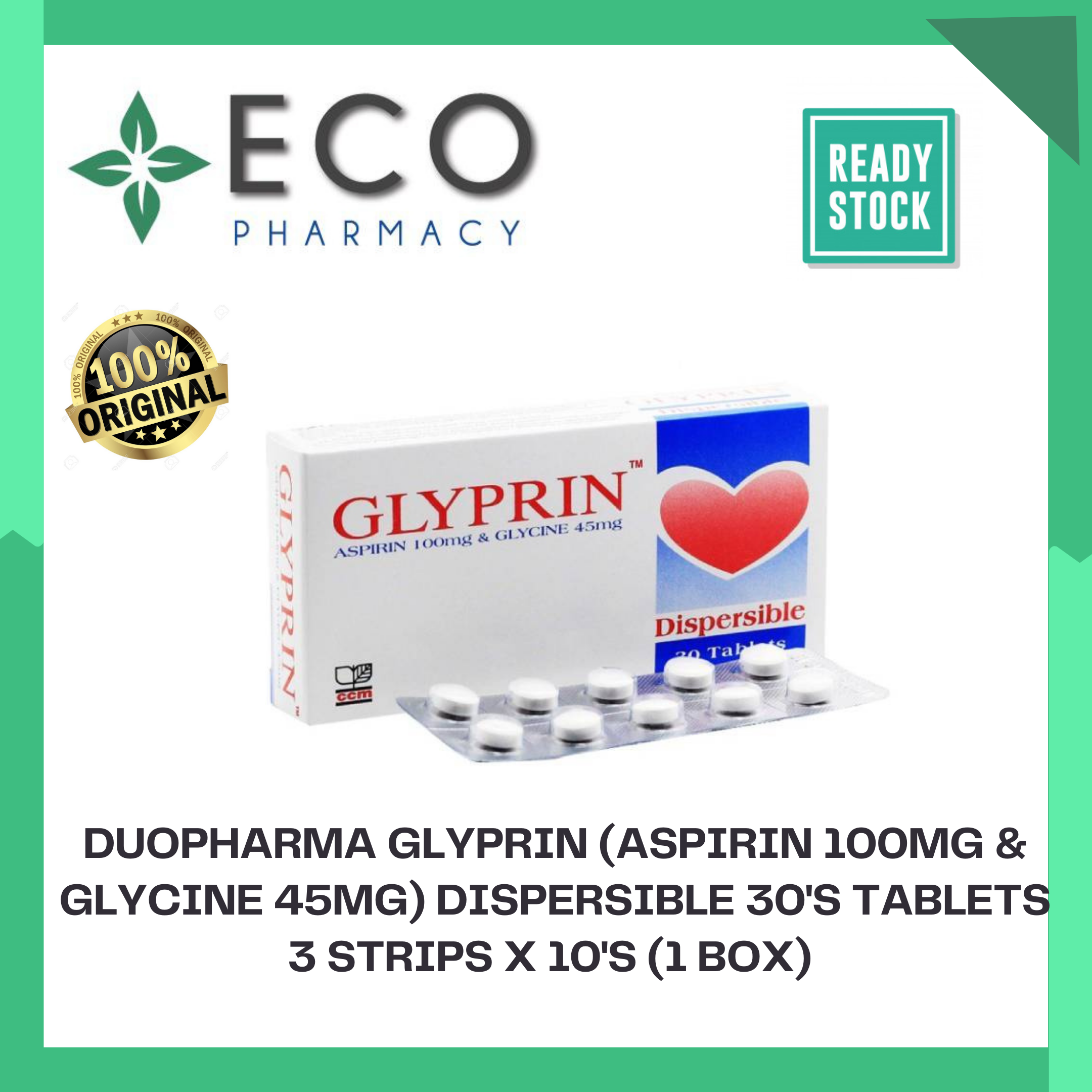 DUOPHARMA Glyprin (Aspirin 100mg & Glycine 45mg) Dispersible 30's Tablets 3 strips x 10's (1 Box ...