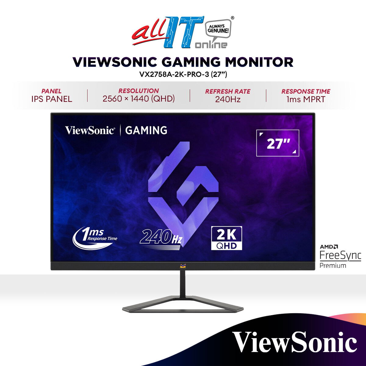 ViewSonic VX2758A-2K-PRO-3 27" QHD IPS Gaming Monitor | 240Hz | AMD ...