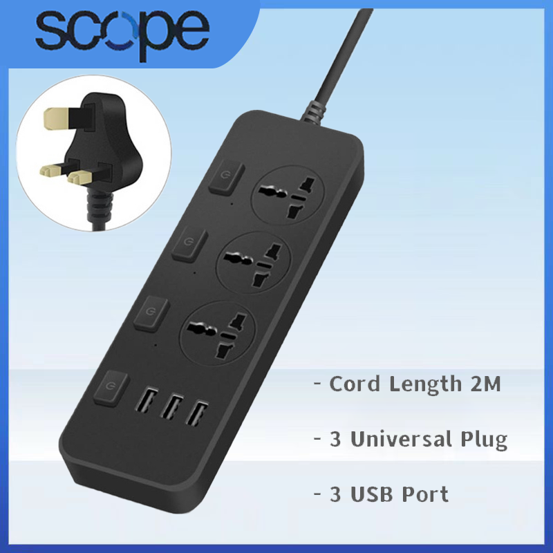 3 USB Port 3 UK Universal Power Strip 2Meter Extension Plug Power ...