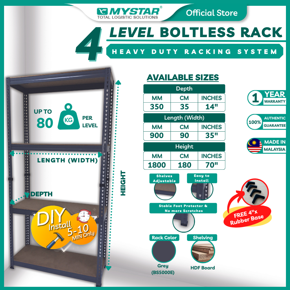 MYSTAR Boltless Rack 35 x 90 x 180 cm GREY 4 Tier Shelf 80Kg/LeveL ...