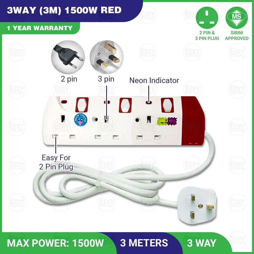 Sirim 3 Gang 2 3 Meter Trailing Socket Extension Extention Plug Adaptor Adapter Power