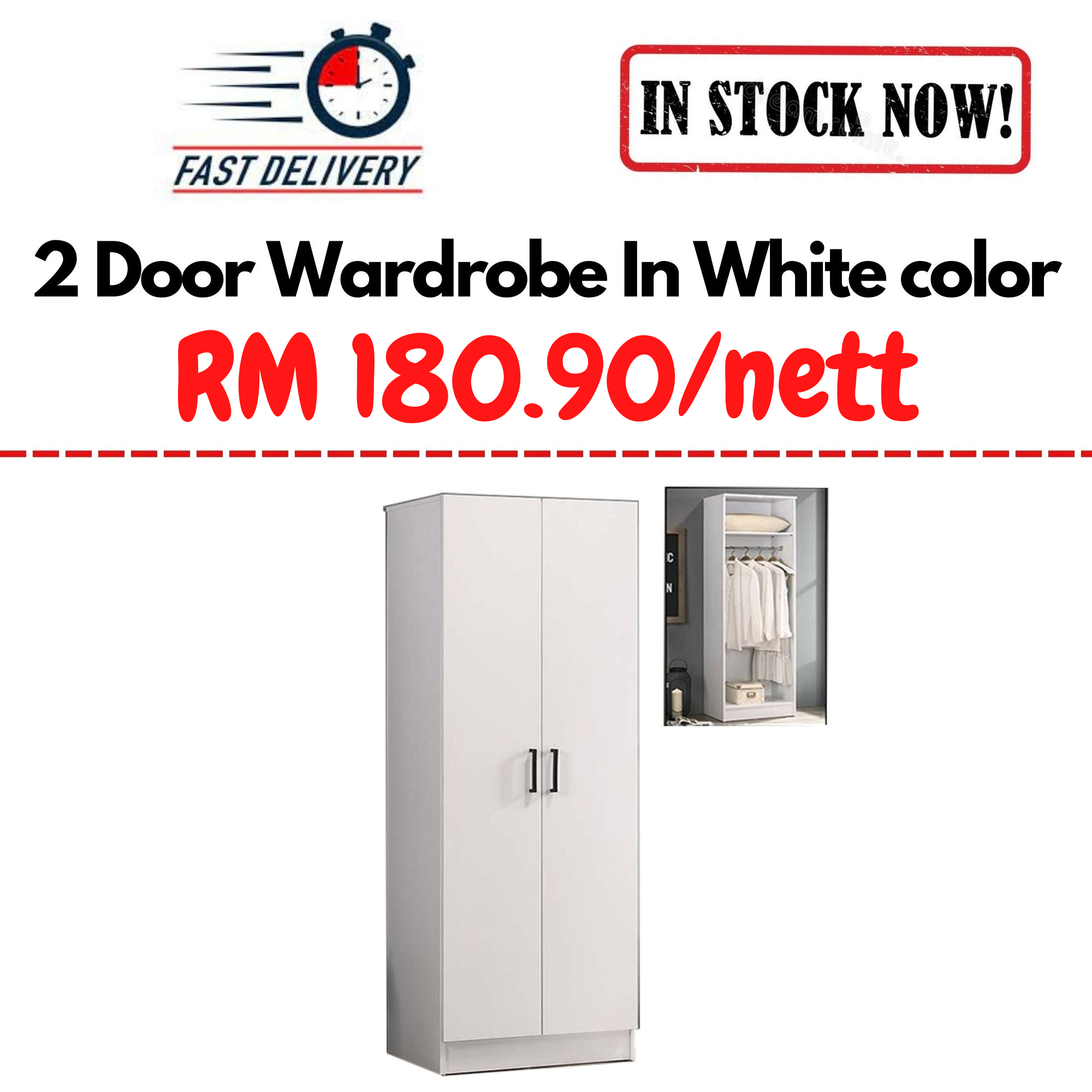 ITORI Helmel 2 Door Wardrobe In White Color / Almari Baju / Cabinet ...