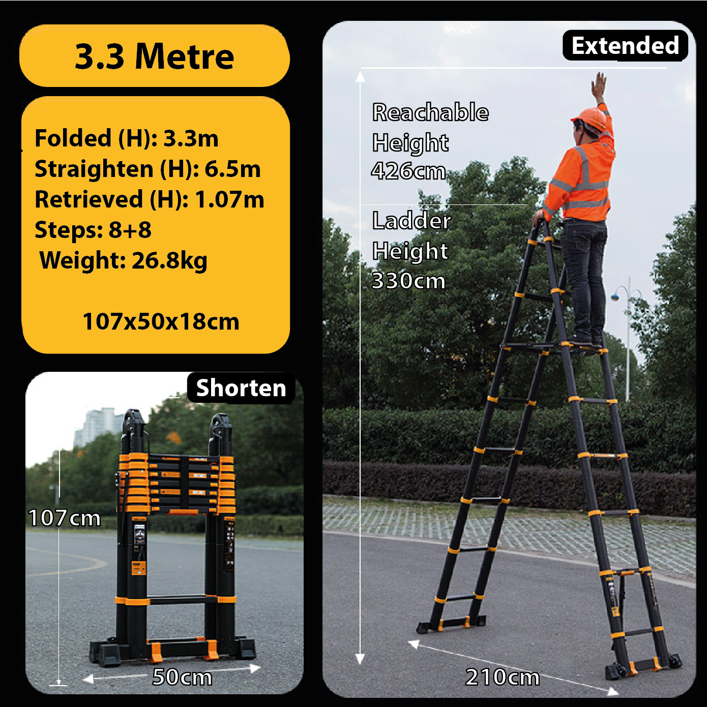 Tangga lipat Aluminium ladder Foldable extendable 3.3 - 8.1m Heavy duty ...