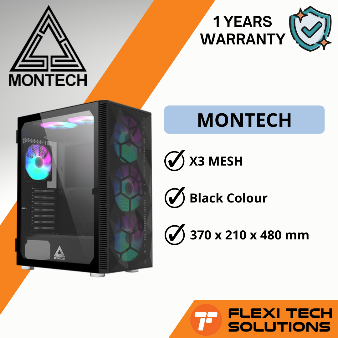 Flexi Tech MONTECH X3 MESH ATX Case Black & White PC Desktop Six Fixed ...