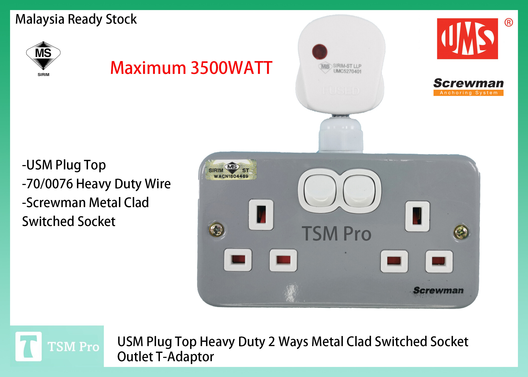 UMS Plug Top Heavy Duty 2 Ways 2 GANG Metal Clad Switched Socket Outlet ...