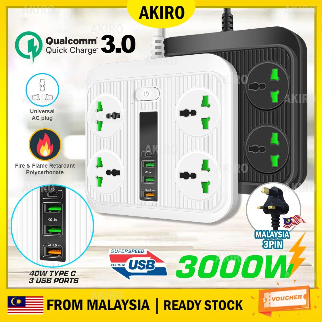 AKIRO HOME Malaysia Qualcomm 3.0 Fast Charger 3000W Universal Power ...