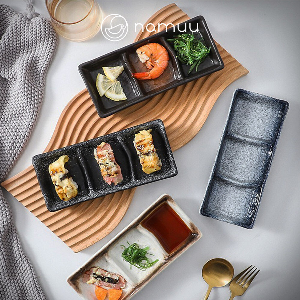 NAMUU MALAYSIA Japanese Ceramic Three-Grid Dish Rectangle Sushi Mini ...
