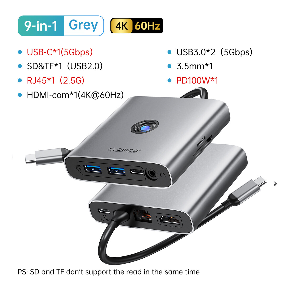 ฮับ USB C 4K 60Hz, ORICO USB-C ตัวแปลงแบบหลายพอร์ต6-In-1พร้อม4K HDMI 100W การจ่ายไฟพอร์ตข้อมูล3. ...