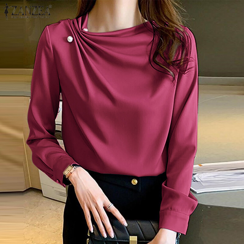 ManBei ZANZEA Women Office Buisness Formal Tops Long Sleeve Crew Neck Silky Satin Shirt Blouse ...
