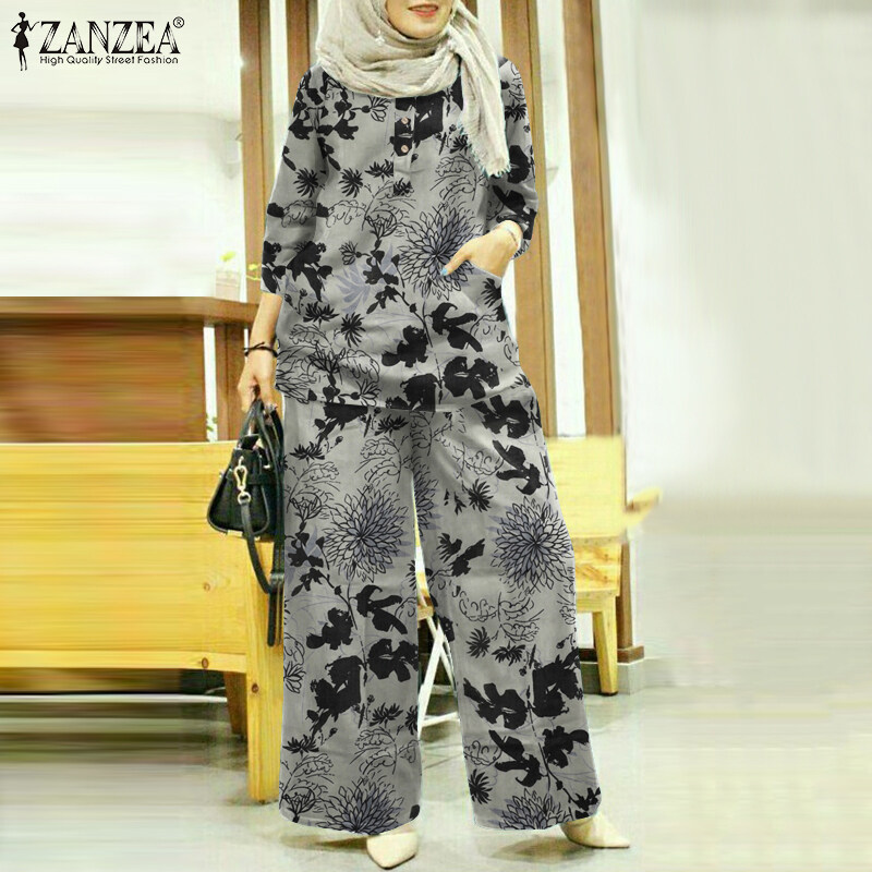 Hijabfab Zanzea Muslimah Womens 2pcs Abaya Set Vintage Printing Outfits