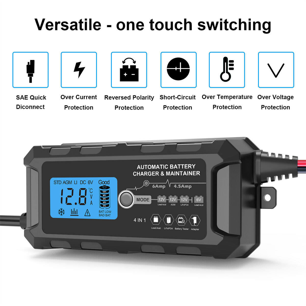 12V 6A Car Battery Charger Car Motorcycle Acid Lithium Battery Low ...