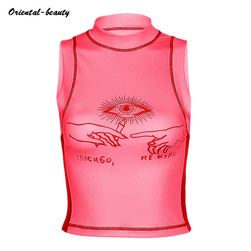 ♡Oriental-Beauty Chic Cargo Tank Tops นิ้วมือตาพิมพ์ครึ่งแขนกุดคอสูง ...