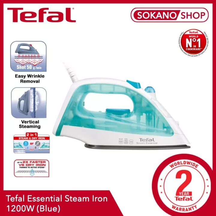 TEFAL Essential Steam Iron - 1200W (Blue) (FV1024) | Lazada