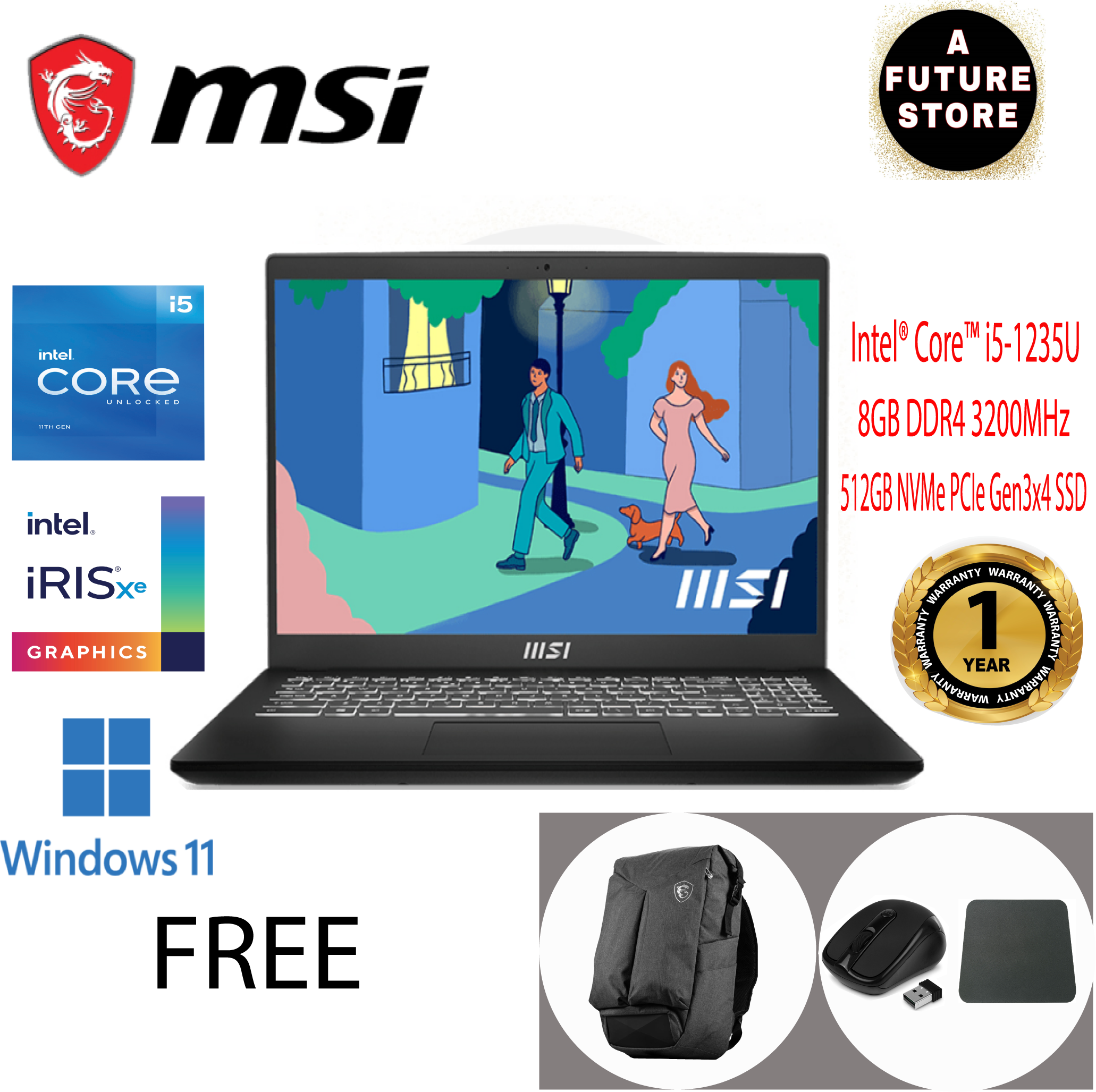 MSI Modern 15 B12M-065 15.6" FHD Laptop Classic Black ( I5-1235U, 8GB ...