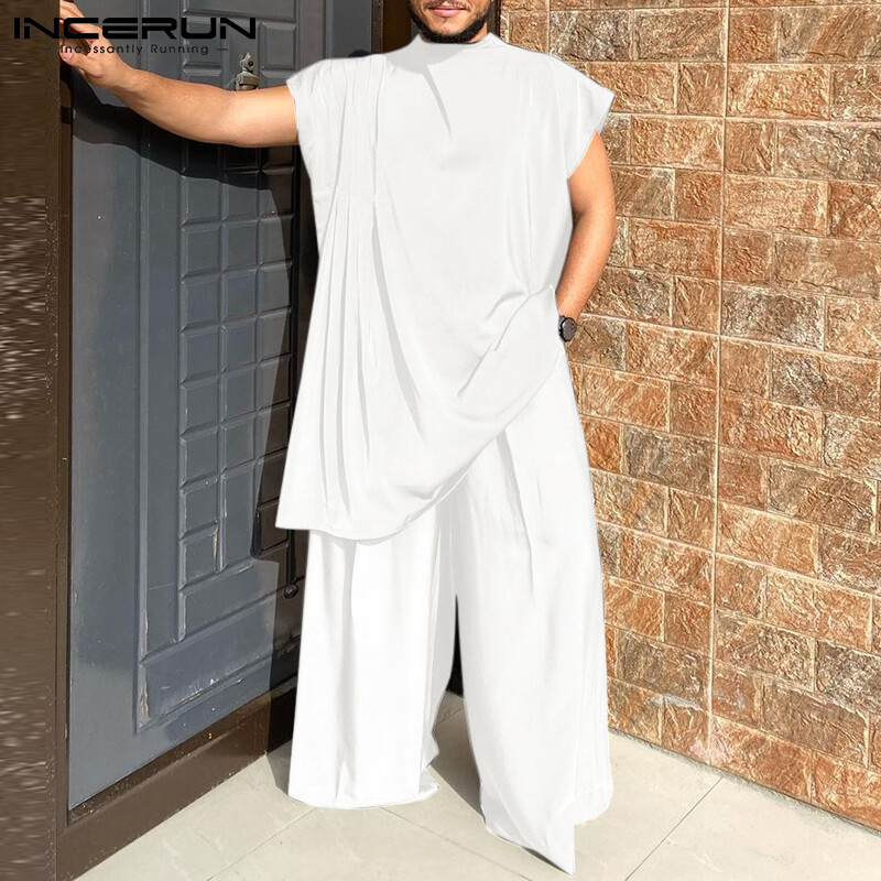 INCERUN Mens Short Sleeve Ethnic T Shirts Long Pants Suits Islamic ...