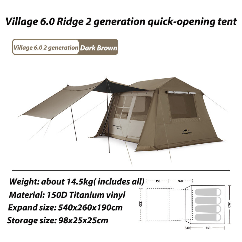Naturehike Village 6.0 Ridge 2 generation Quick Open Tent 4-6 People Large Capacity family ...
