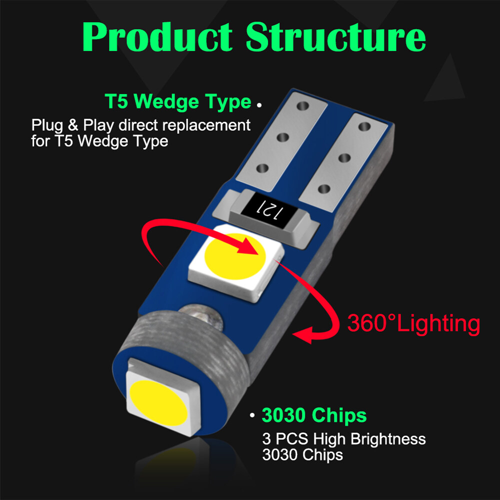 10Pcs T5 W3W W1.2W Led Canbus ภายในรถ Dashboard ร้อนตัวบ่งชี้ Wedge Wedge 12V รถ Dash ชุดติดตั้ง ...