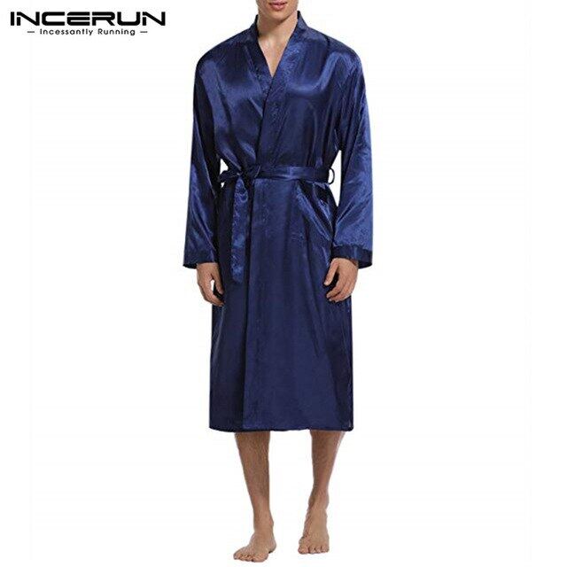 INCERUN Mens Silk Satin Robes Pajamas Long Sleeve Solid Sleepwear ...