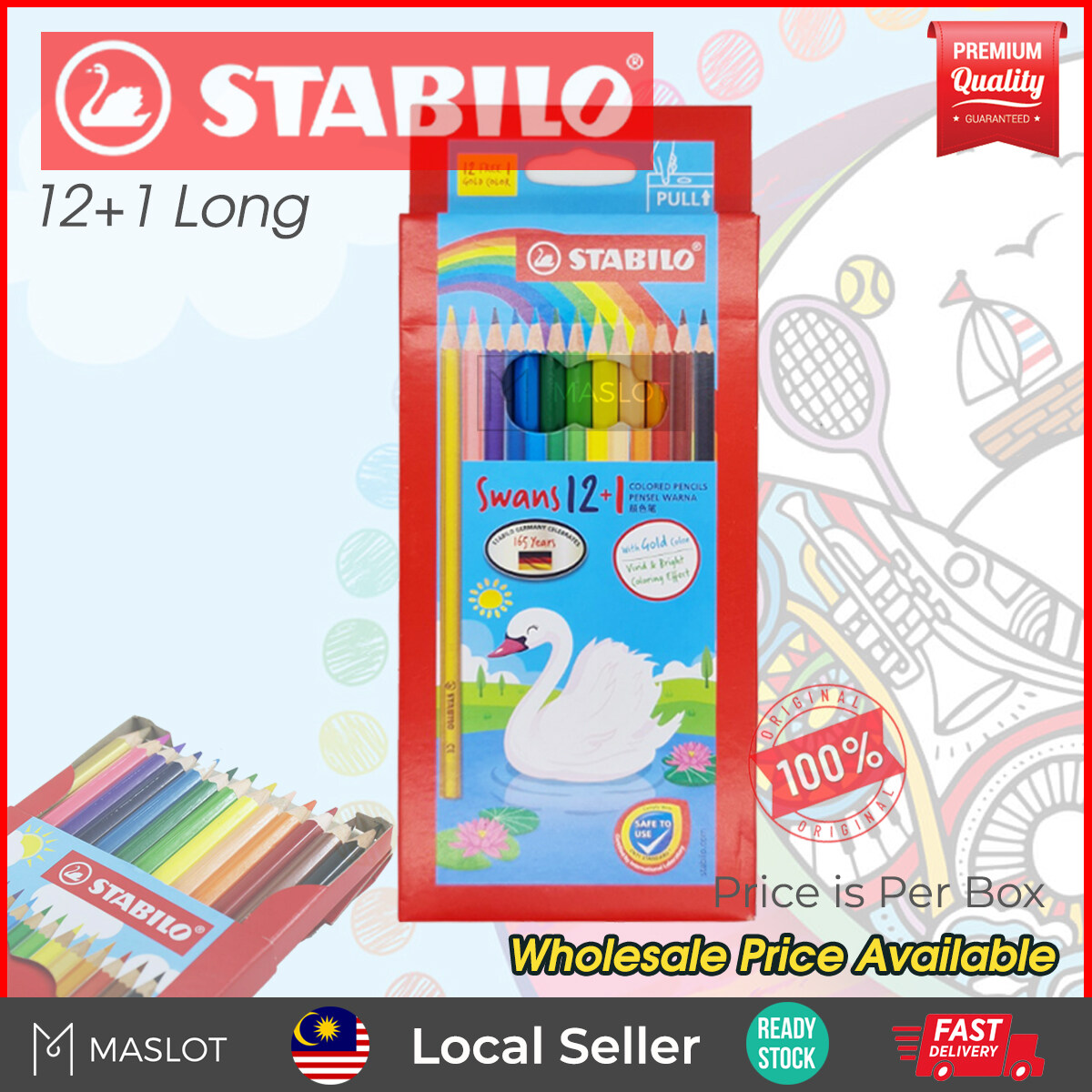 STABILO 12+1 Long Swan Color Pencil Colour Pencil (Gold) Pensel Warna ...