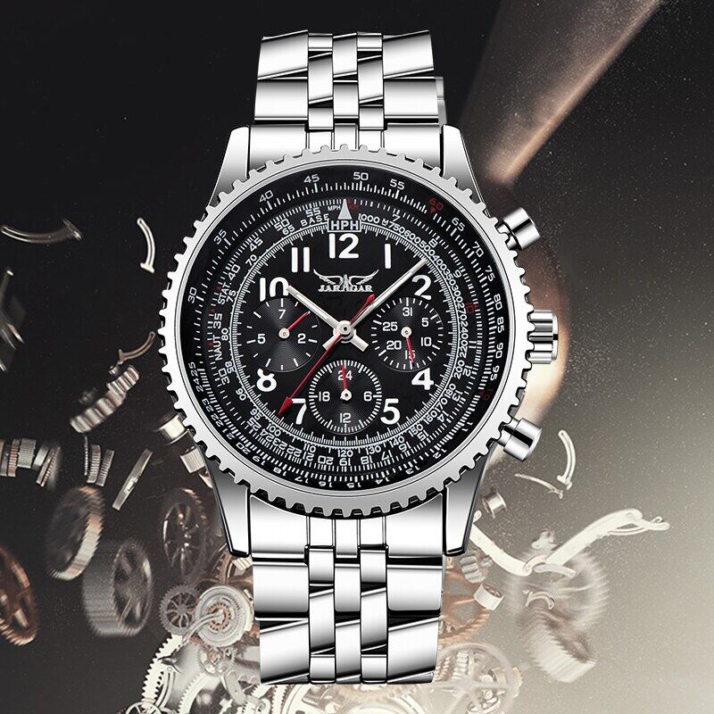 JARAGAR Pilot นาฬิกาออโตเมติกผู้ชายสีดำ3 Dial Multifunction วันที่เหล็กกีฬานาฬิกาแบรนด์ชั้นนำ ...