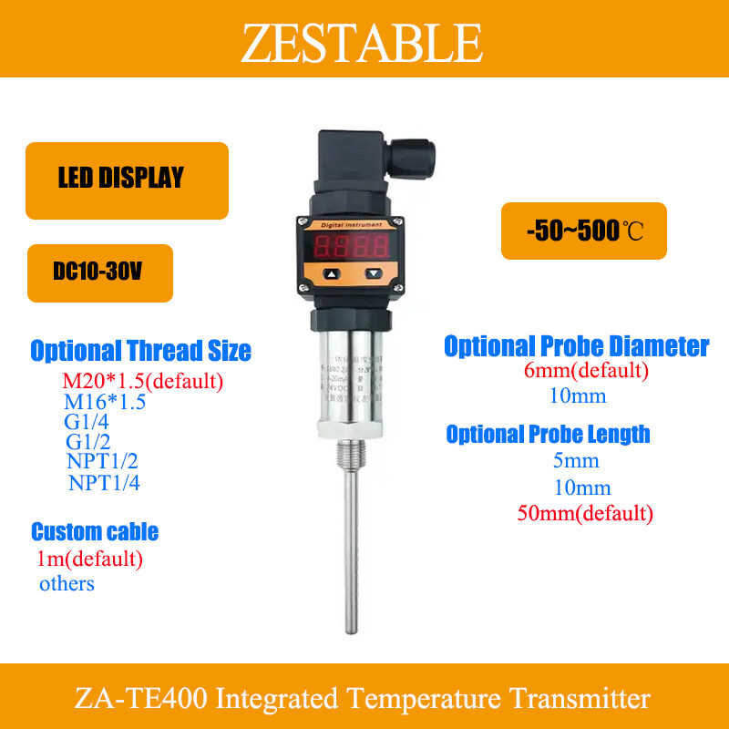 Temperature Transmitter Plug-in LED Display PT100 -50~500℃ 1m cable 4-20mA Output 6mm Probe ...
