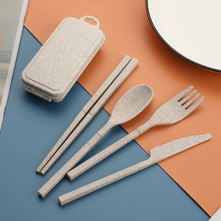 4 Pack Collapsible Travel Utensil Set With Case Wheat Straw Reusable ...