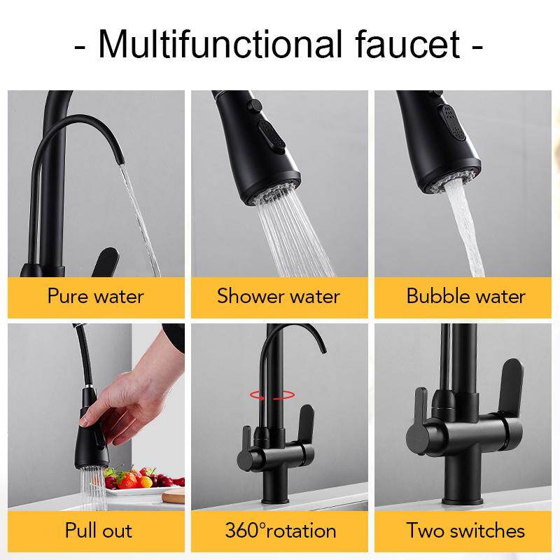 Deck Mounted Black Kitchen Faucets Pull Out Hot Cold Water Filter Tap ...
