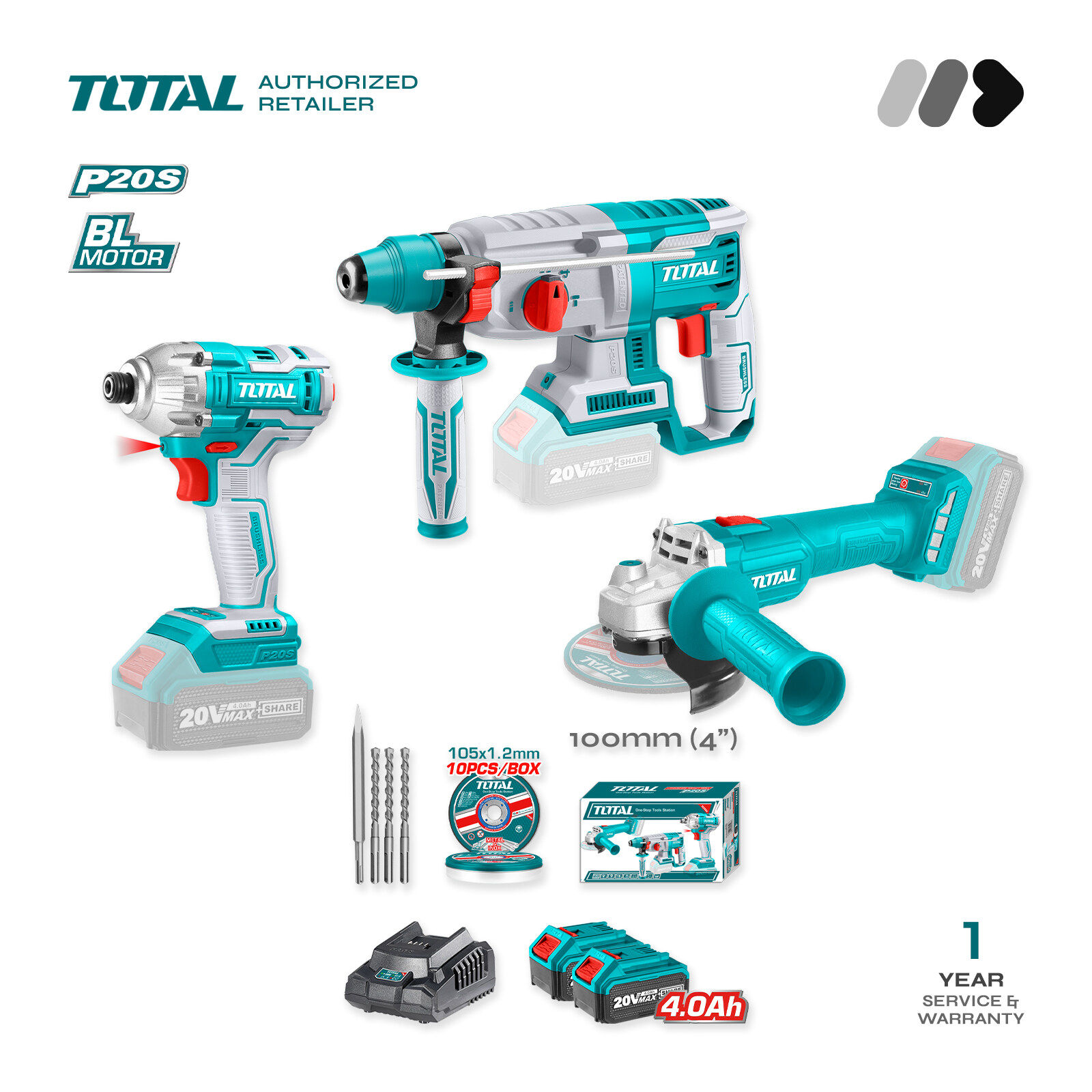 TOTAL Cordless Brushless Motor Combo Set, 20V incl. Rotary Hammer ...