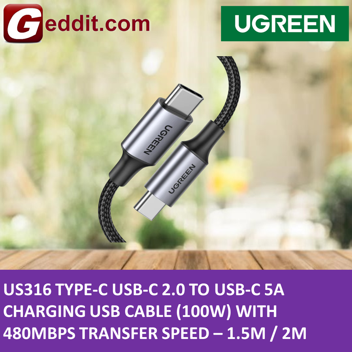 UGREEN US316 TYPE-C USB-C 2.0 TO USB-C 5A CHARGING USB CABLE (100W) WITH 480MBPS TRANSFER SPEED ...