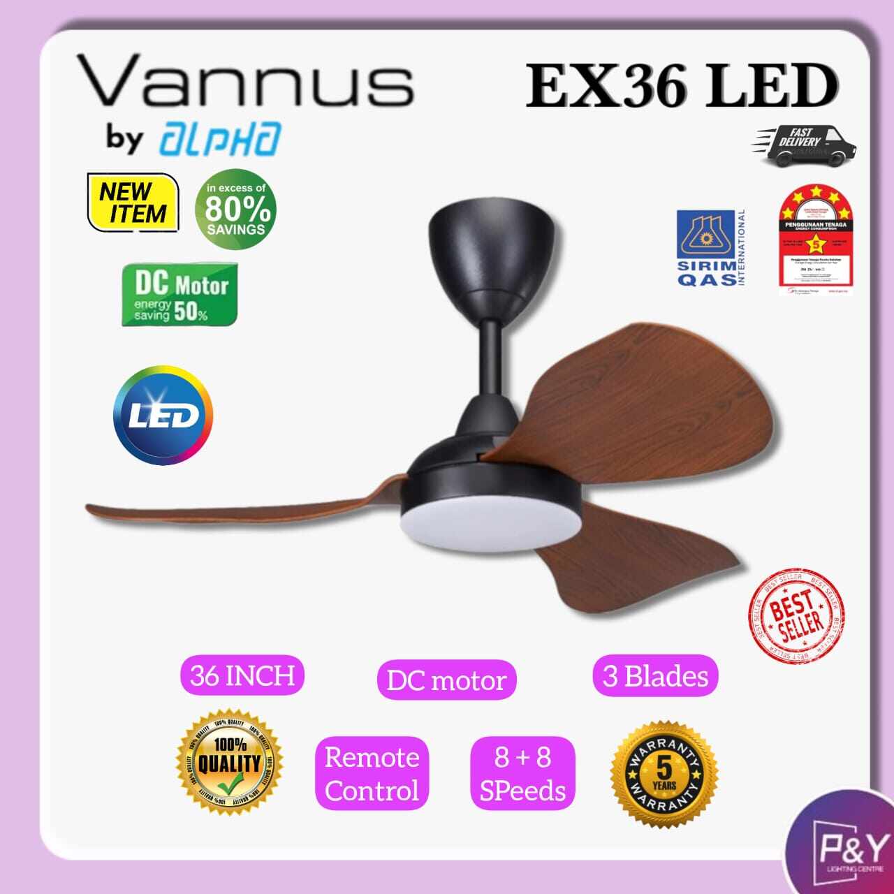 ALPHA Cosa - EX36 LED 3B 36 Inch DC Motor Ceiling Fan with 3 Blades (8 ...