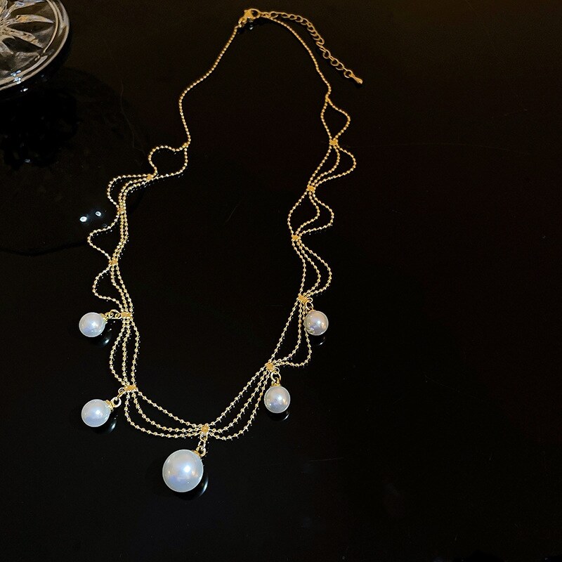 [COD] gold plating trend net red pearl necklace fresh retro collarbone ...