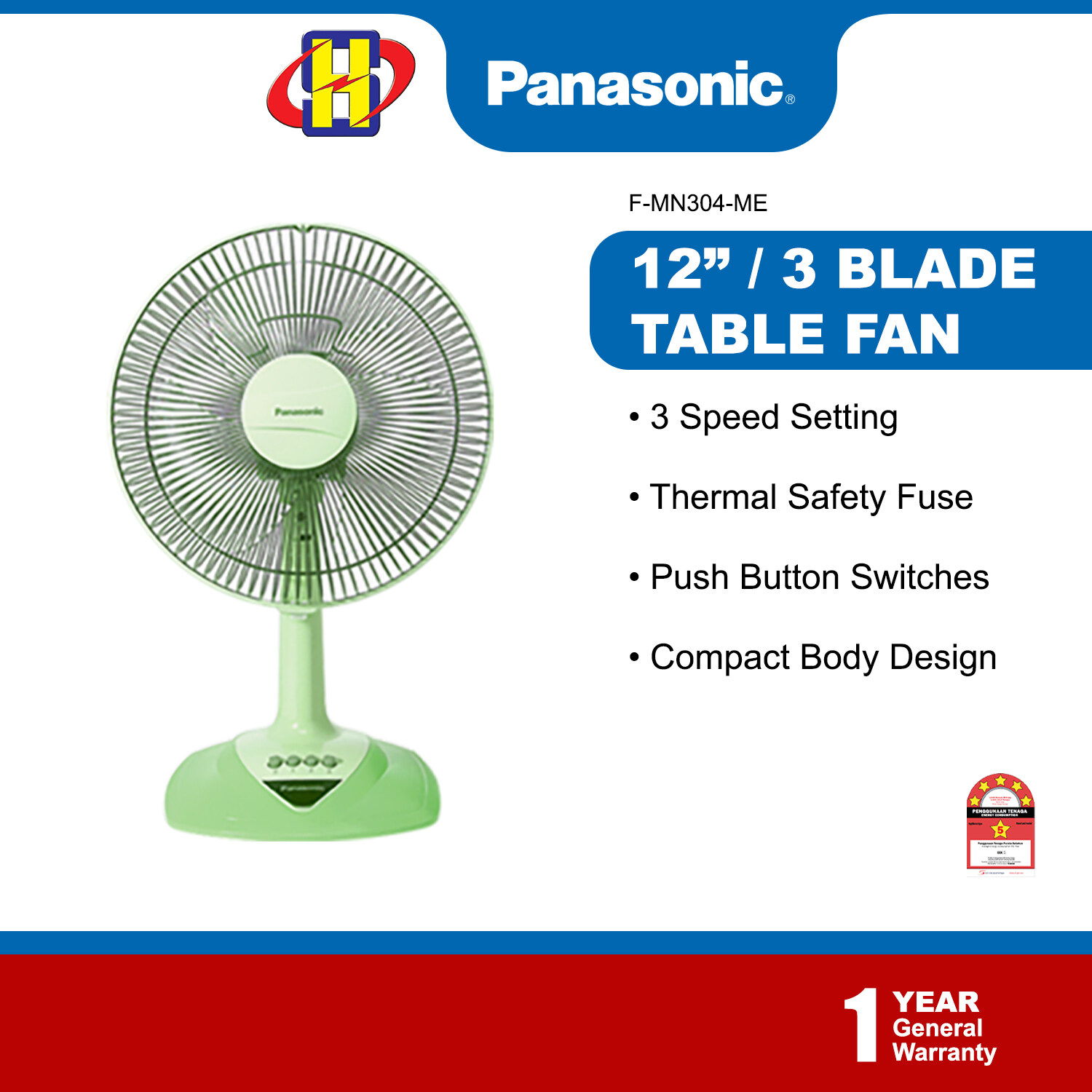 Panasonic Table Fan (12 Inch) 3 Blades 3 Speed Thermal Safety Fuse Adjustable Height Push Button ...