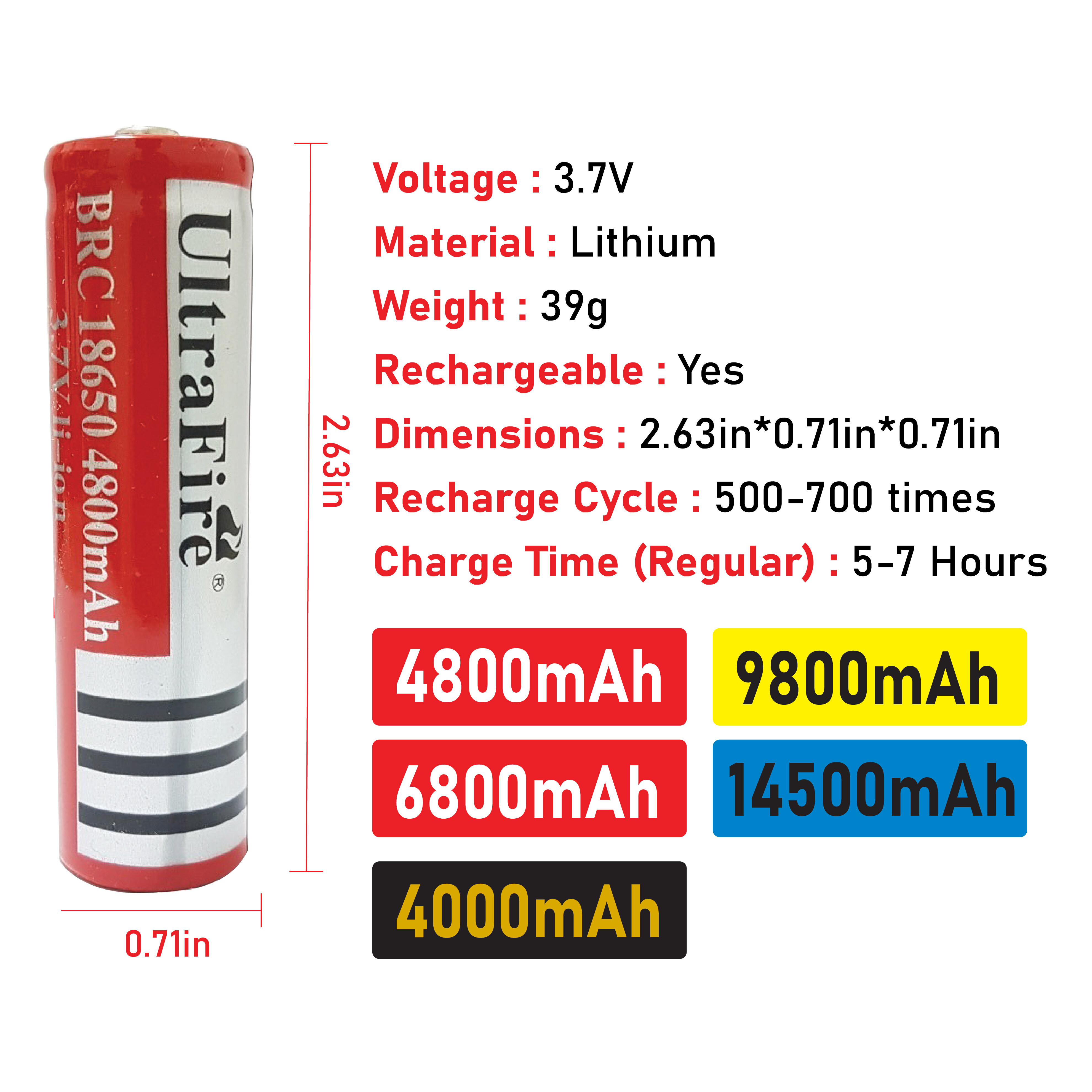UltraFire 3.7V 18650 Rechargeable Battery Batteries Li-ion Lithium 4800 ...
