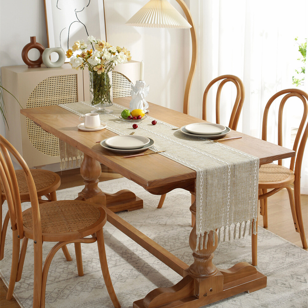 Farmhouse Rustic Style Table Runner พร้อมพู่33x18 3ซม./13X72นิ้วสำหรับ ...
