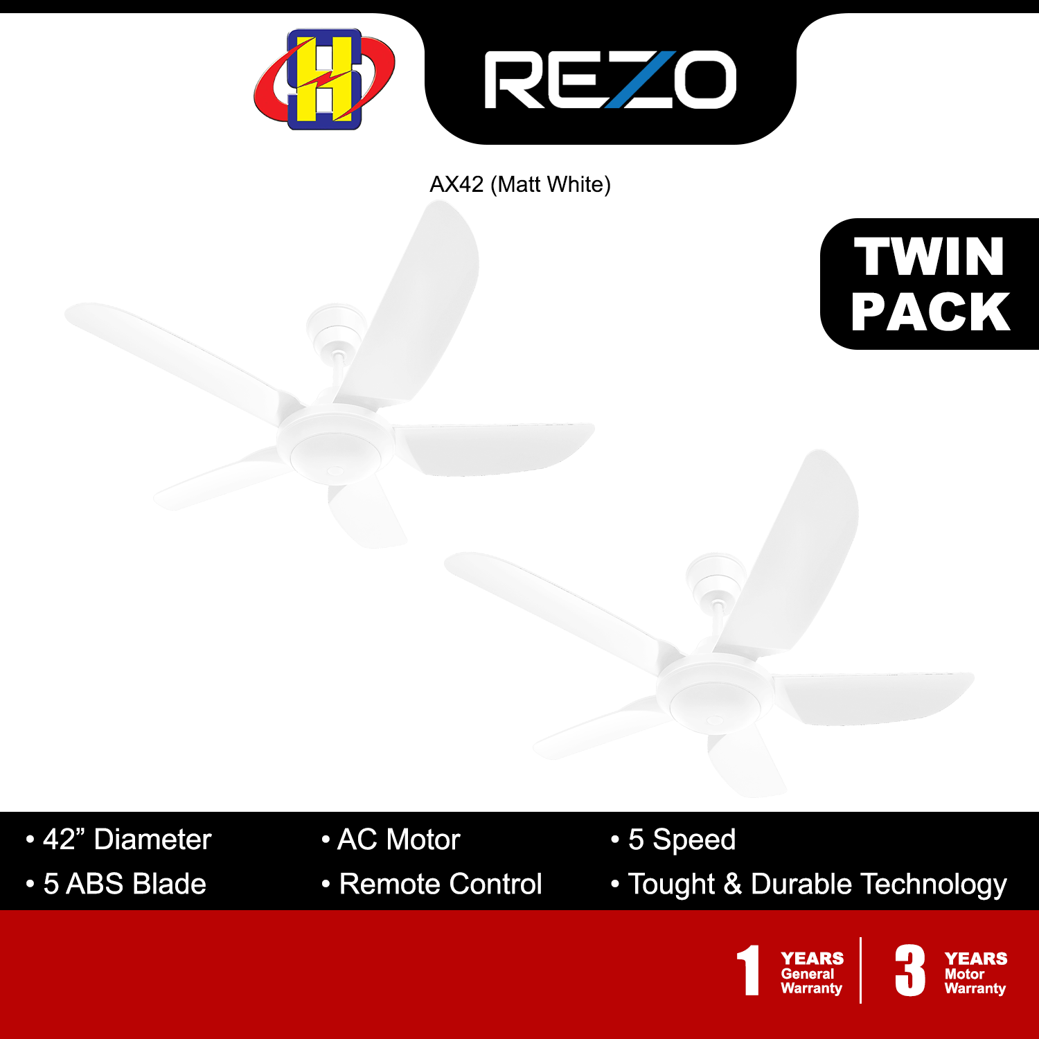 Rezo Ceiling Fan (42 Inch)(Matt Black/Matt White) AC Motor Remote ...