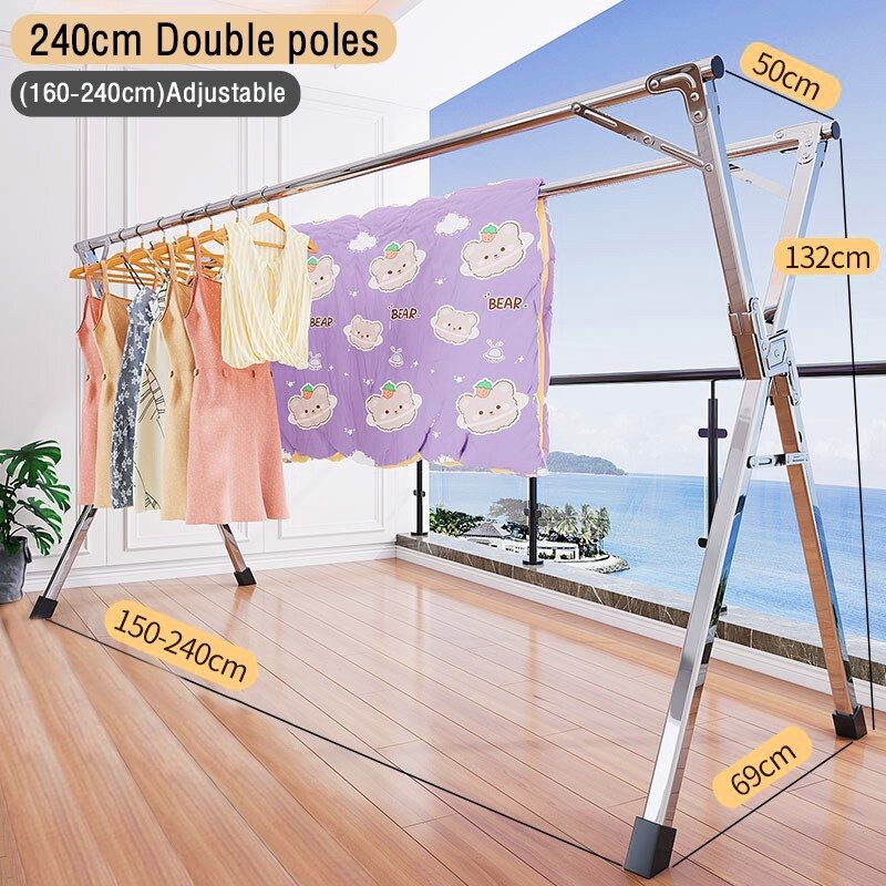 Foldable/Extendable 240cm Stainless Steel iron Cloth Hanger/Double Pole ...