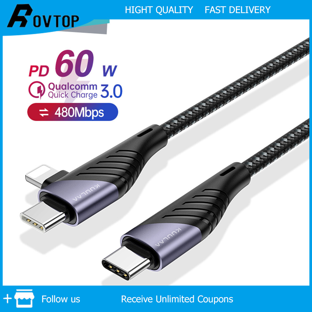 Rovtop Dual-Head 3A Fast Charging Data Cable PD 60W One For Two Braided ...