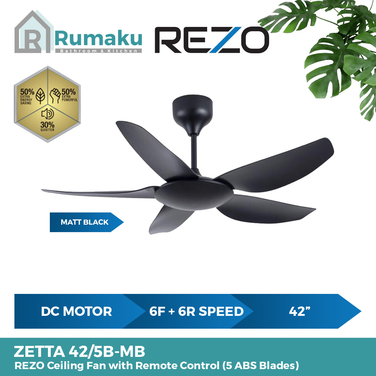 REZO ZETTA 42/5B Ceiling Fan Remote Control DC Motor 12 Speed 5 ABS ...
