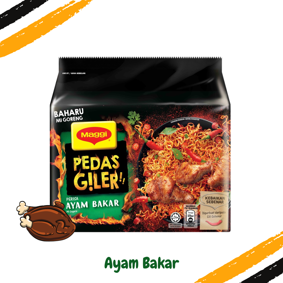 Maggi Pedas Giler Instant Noodles Ayam Bakar/ Seafood Berapi/ Tomyam -76g x 5 packs | Lazada