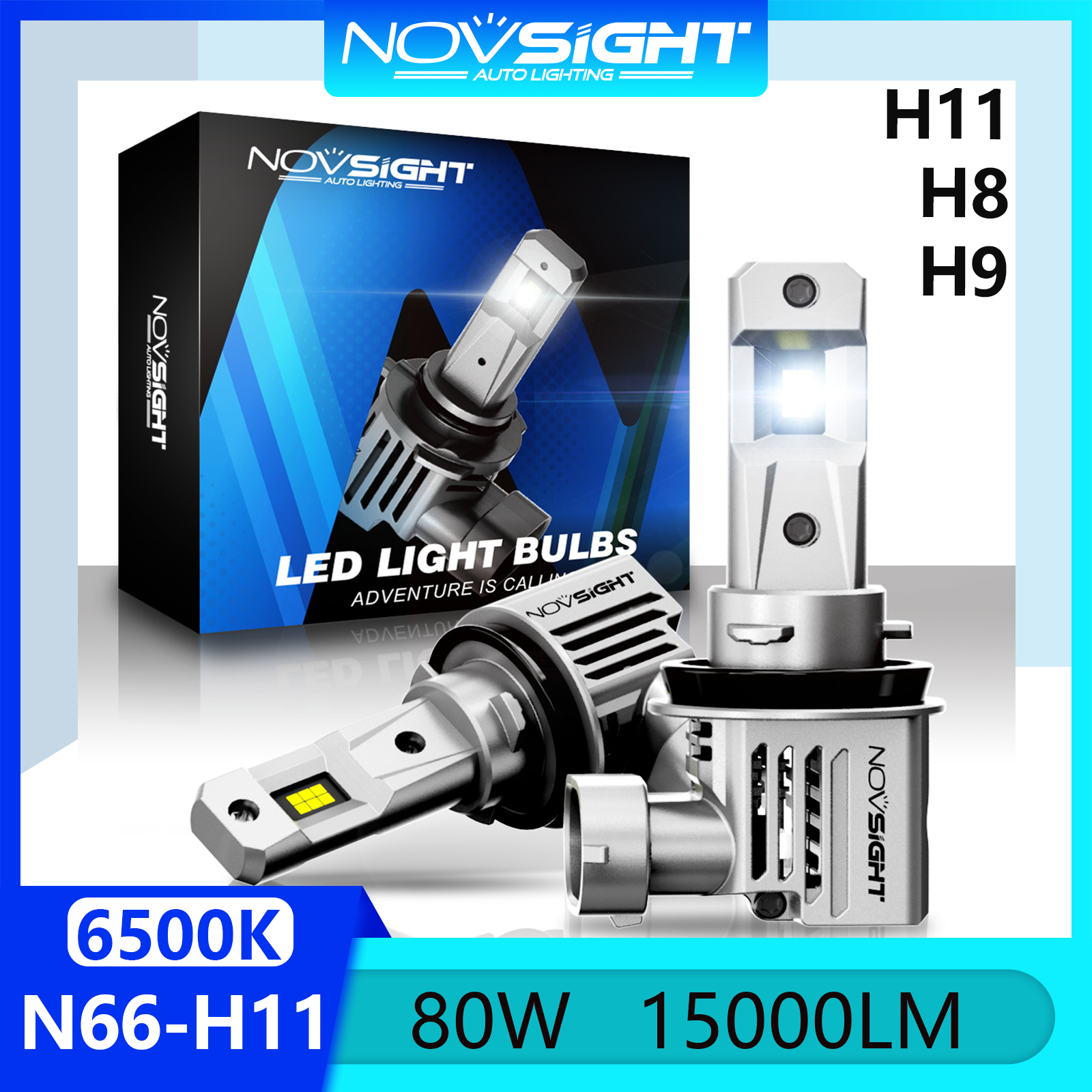 Novsight N66 H11 H8 H9 H16JP LED Headlight Bulb Kit 80W 15000LM 6500K Super Bright LED Lights ...