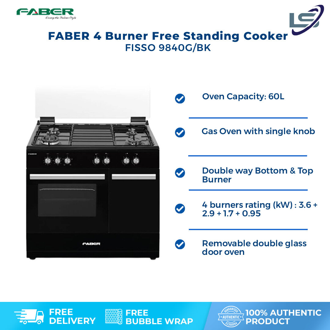 FABER 4 Burner Free Standing Cooker FISSO 9840G/BK | Gas Oven with ...